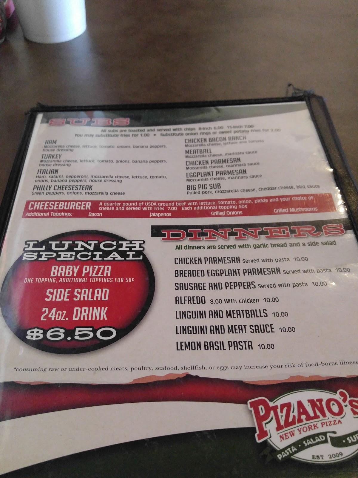Menu at Pizano's Pizza and Sauce Lounge pizzeria, Willard