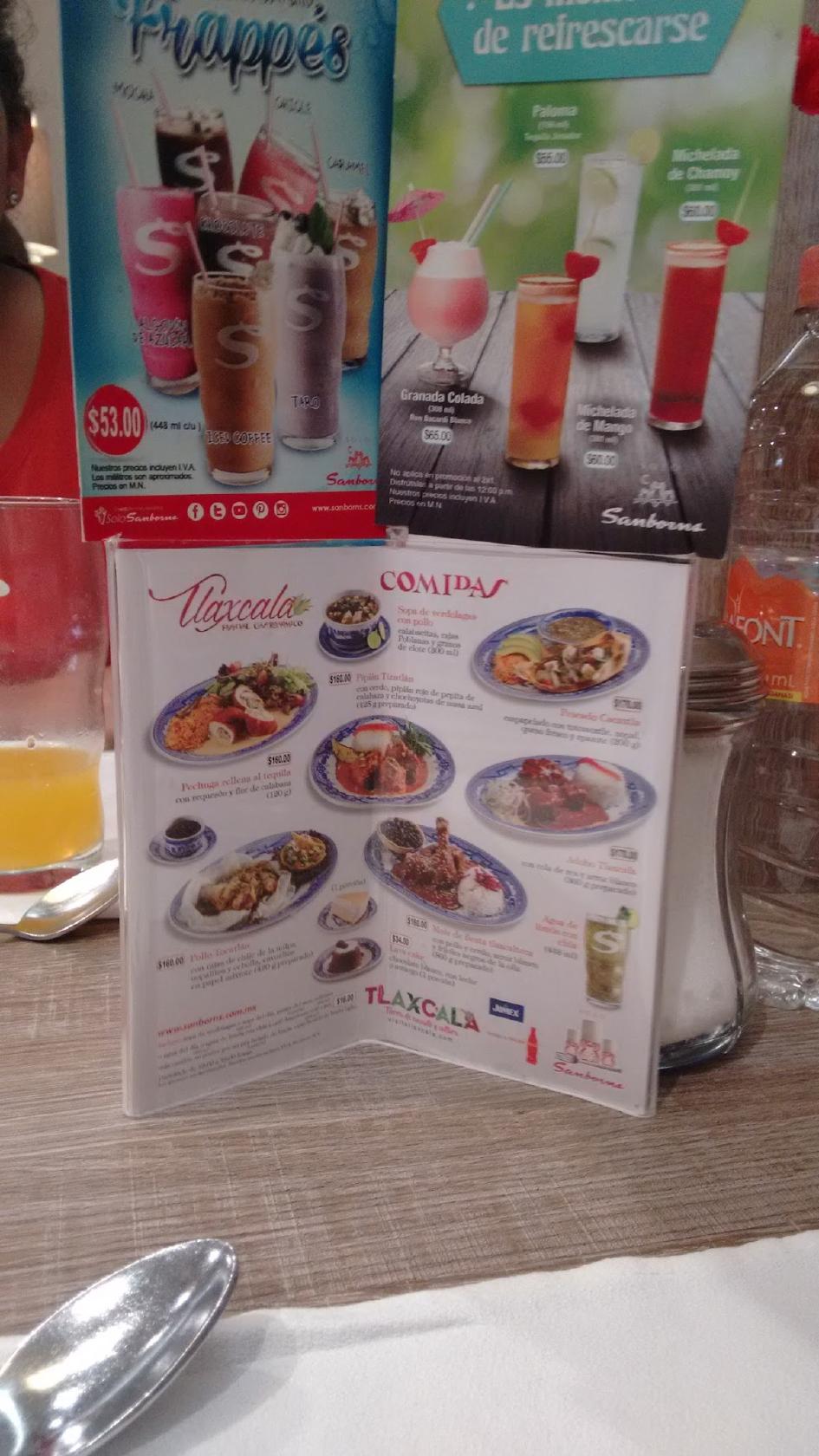 Menu at Sanborns restaurant, Mexico City, Parque Delta