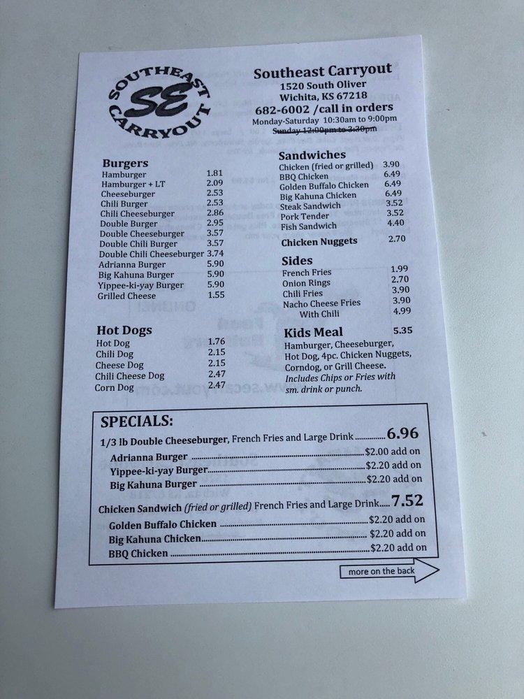 Menu at Southeast Carry Out fast food, Wichita