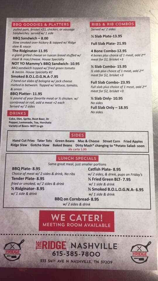 Menu at The Ridge BBQ, Nashville