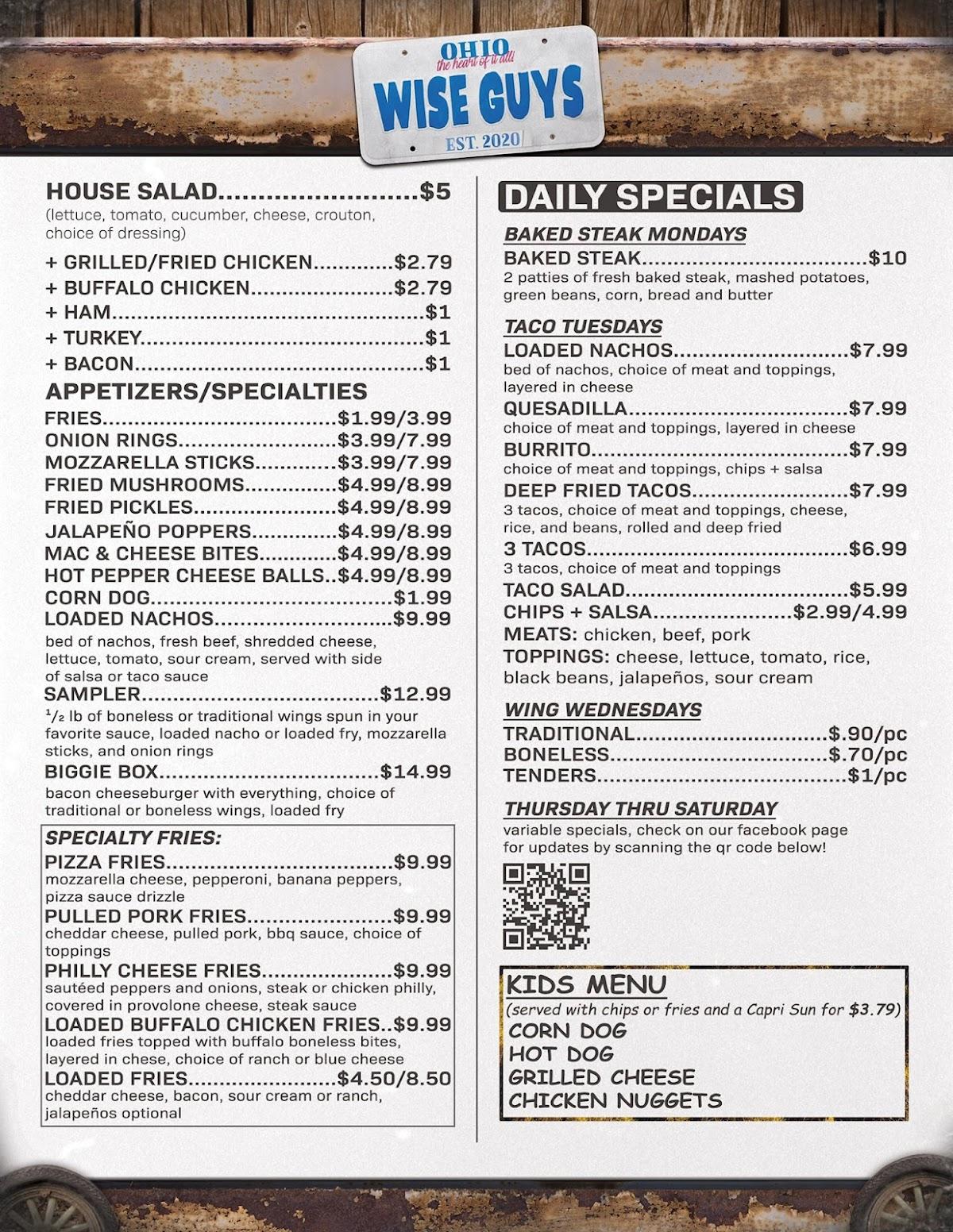 Menu at Wise Guys Food Corp. restaurant, Ironton
