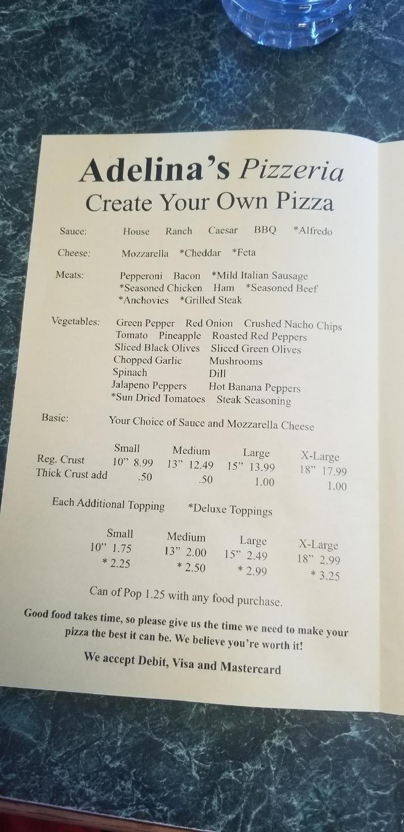 Menu at Adelina's Pizzeria, Dauphin