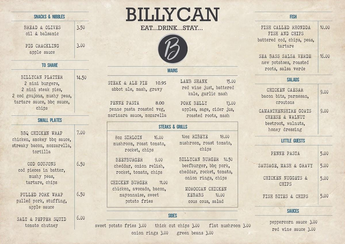 Menu at Billycan pub & bar, Tenby