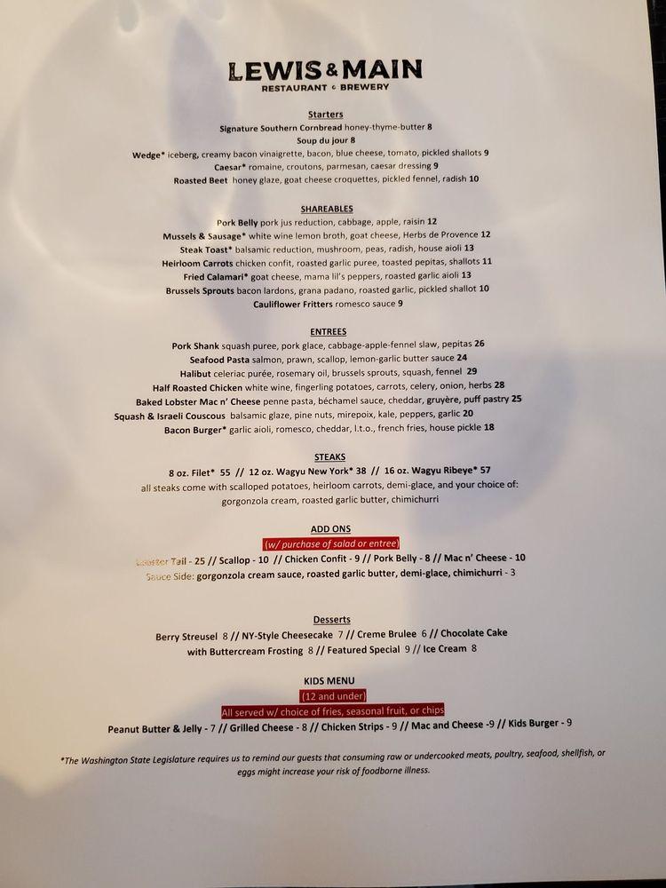 Menu at Lewis and Main Restaurant and Brewery, Monroe