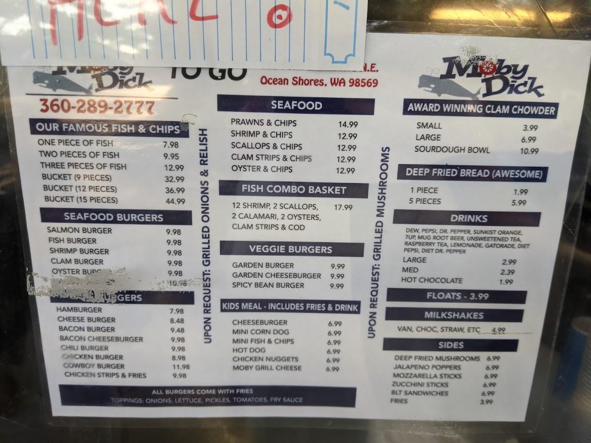 Menu at Moby Dick restaurant, Ocean Shores
