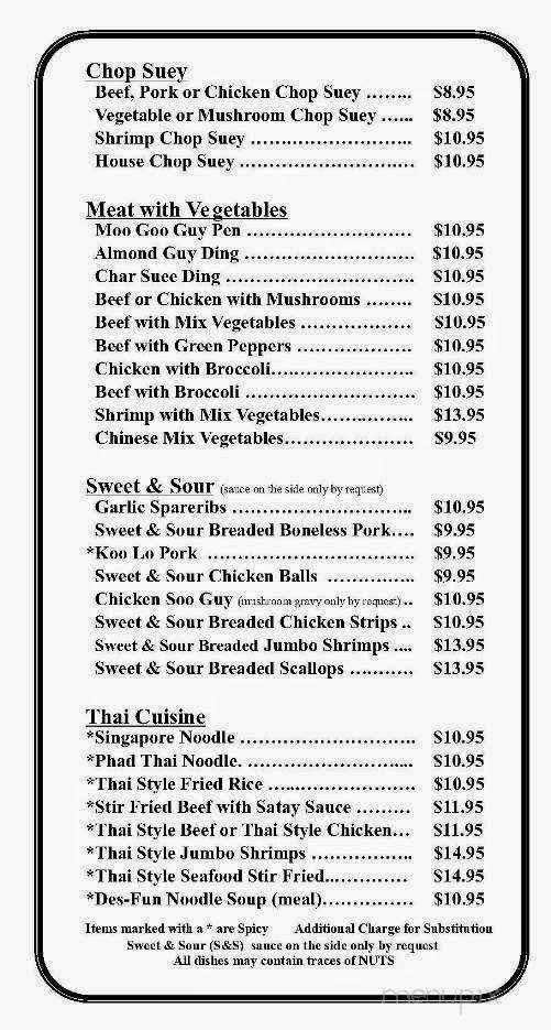 Menu at Panda restaurant, Cornwall
