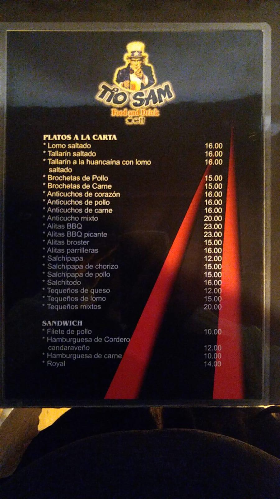 Menu at TIO SAM RESTOBAR, Tacna, Av. Coronel Justo Arias Araguez 272