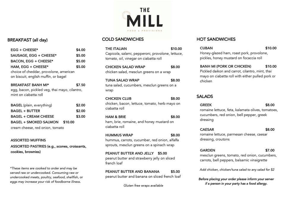 Menu at The Mill restaurant, Essex