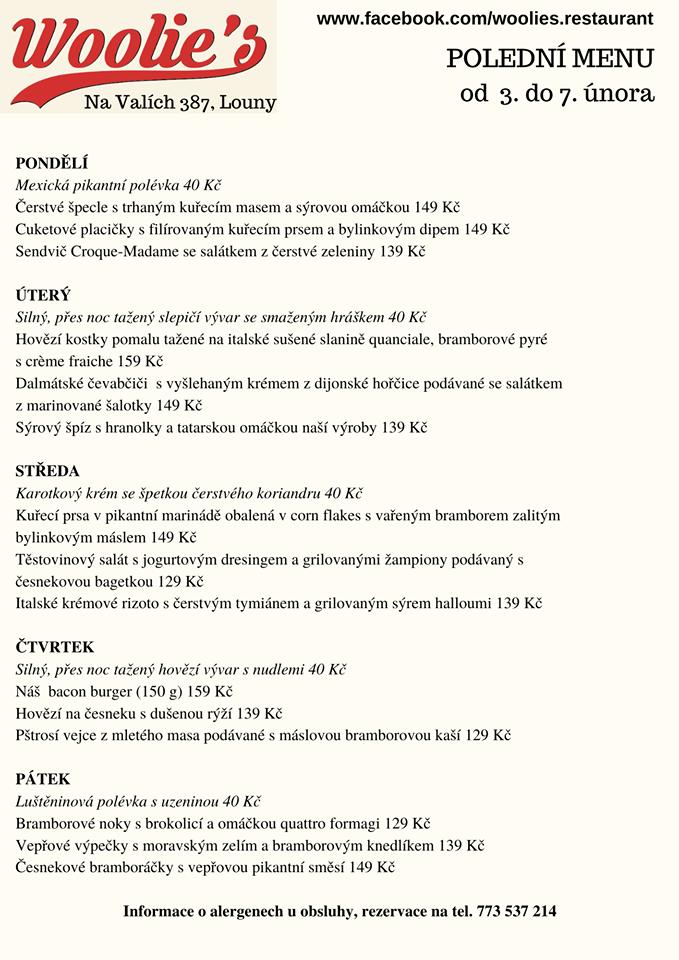 Menu at Woolie’s restaurant, Louny