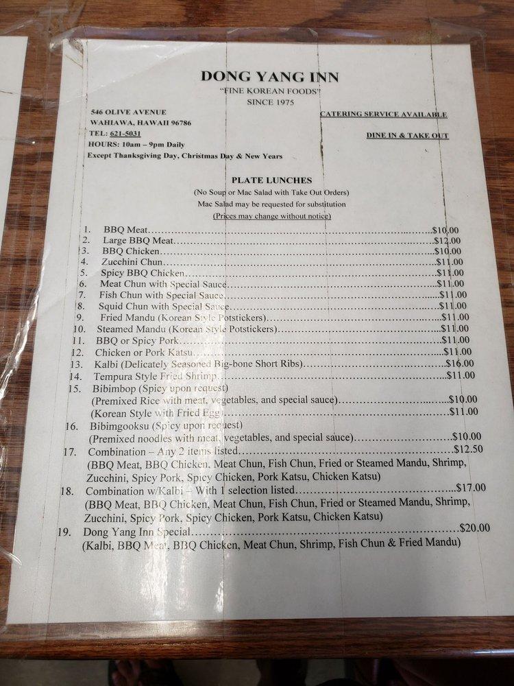 Menu at Dong Yang Inn restaurant, Wahiawa