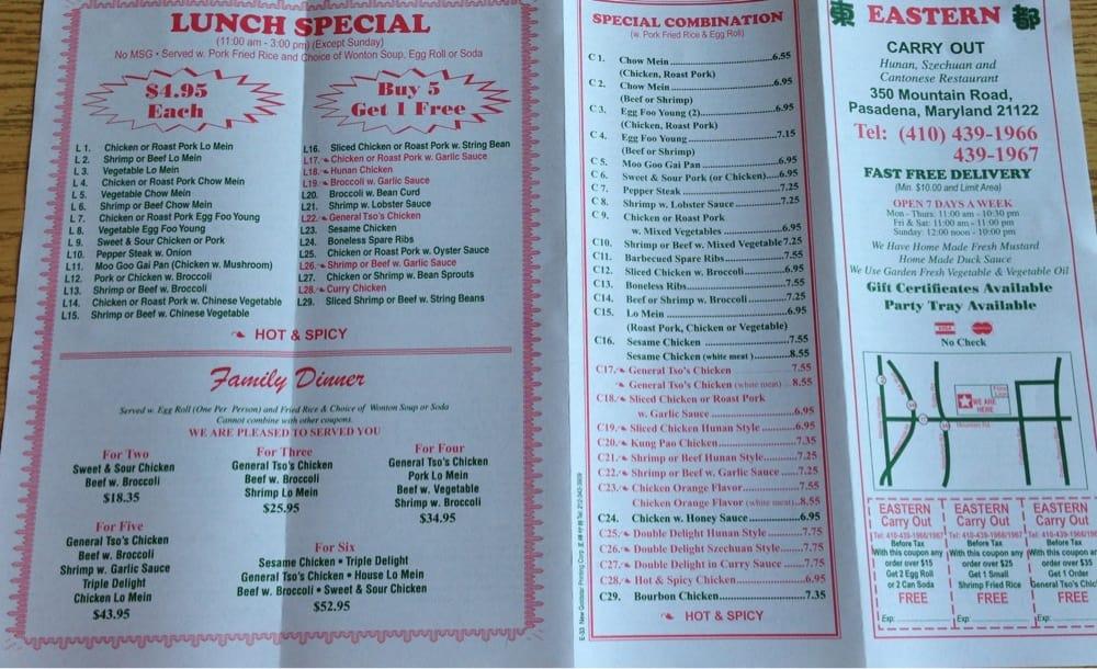 Menu at Eastern Carryout restaurant, Pasadena