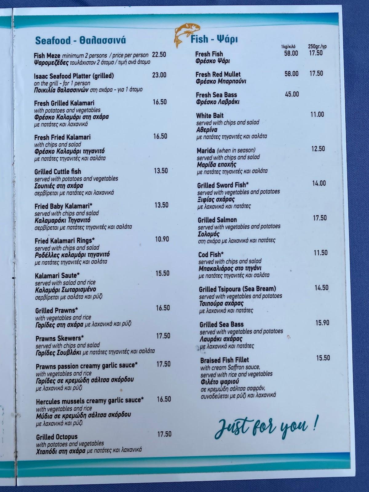 Menu at Isaac Fish Tavern, Ayia Napa