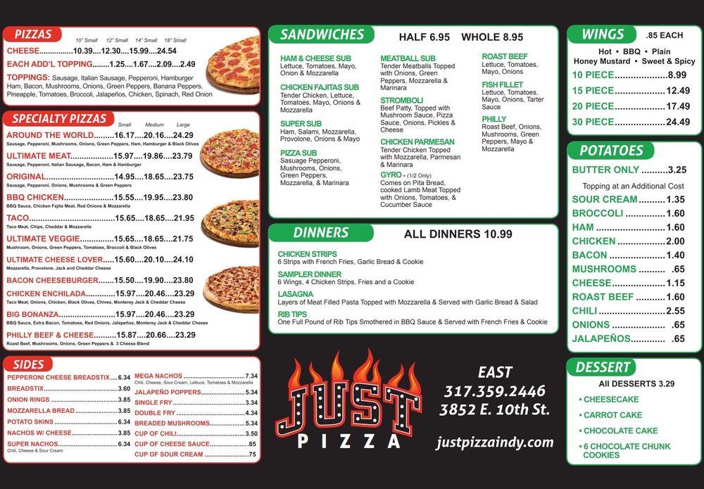 Menu at Just Pizza pizzeria, Indianapolis, E 10th St