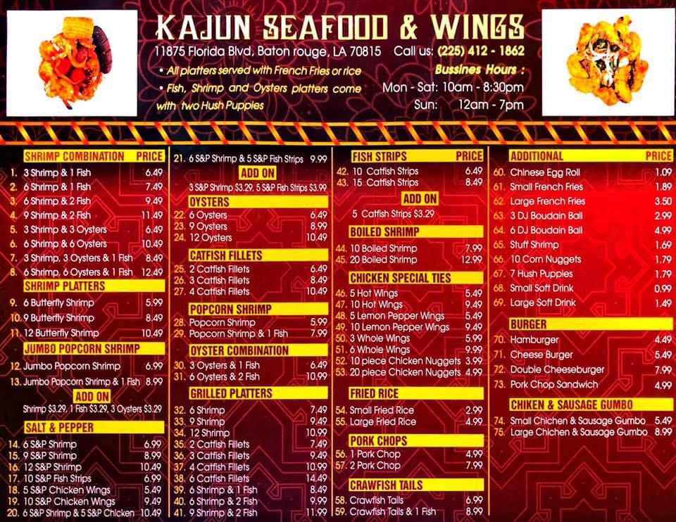 Menu at Kajun Seafood & Wings restaurant, Baton Rouge