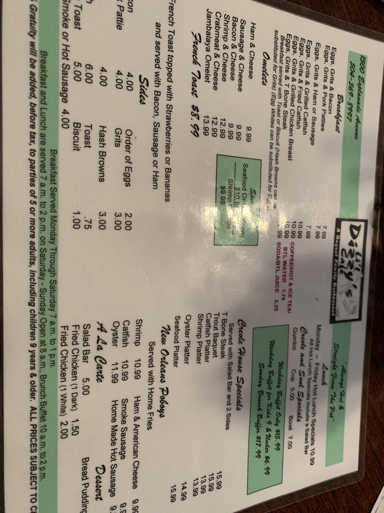 Menu at Li'l Dizzy's Cafe, New Orleans