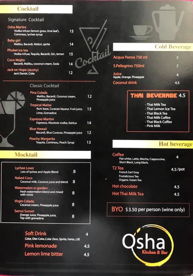 Menu at Osha Kitchen & Bar, Hope Island