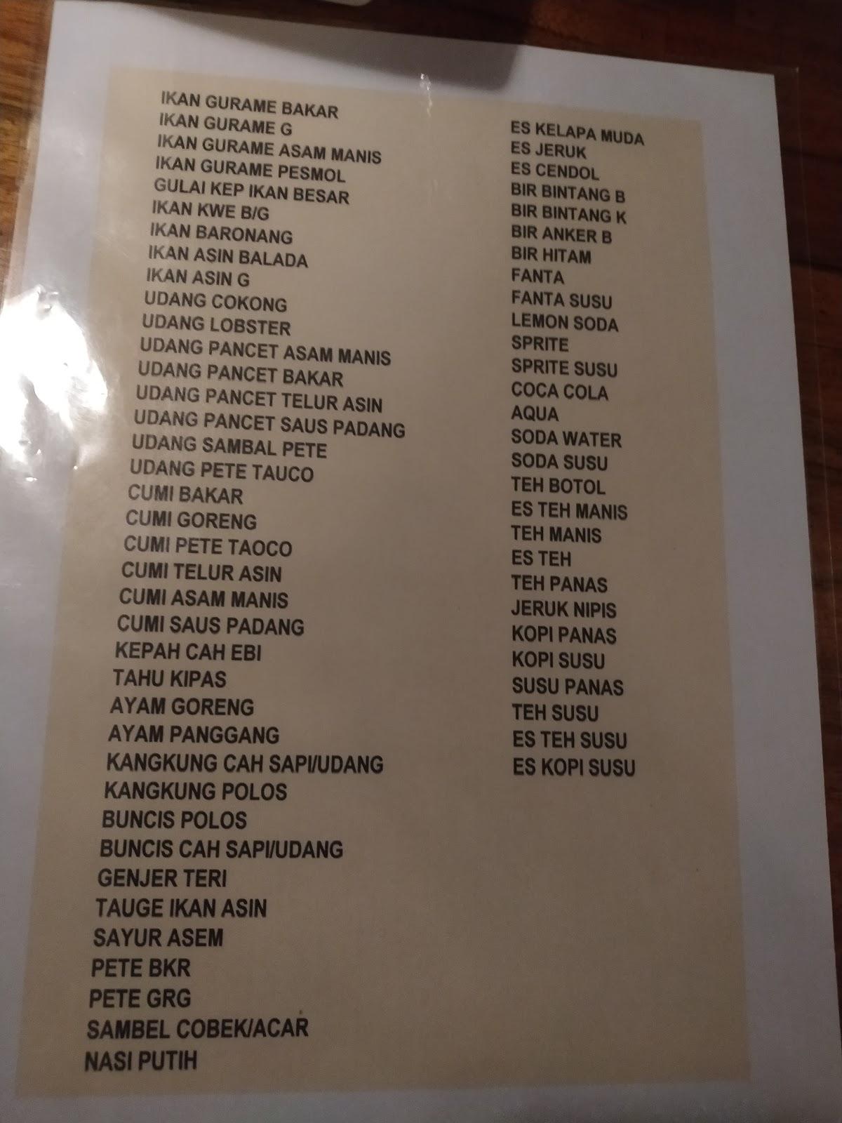 Menu at Pondok Laguna restaurant, Jakarta, Jl. Batu Tulis Raya No.45