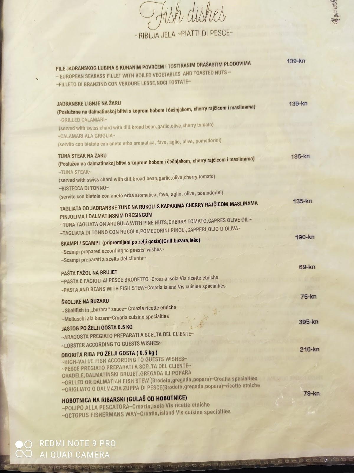 Menu at RIBLJI RESTORAN KOMIZA restaurant, Komiža