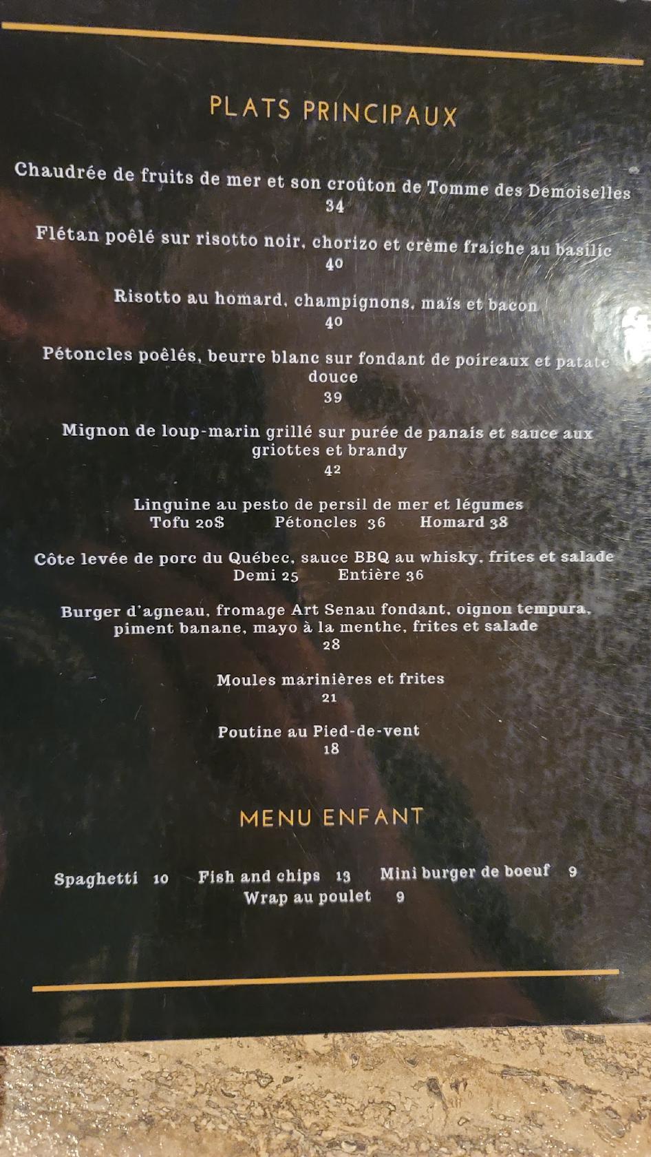 Menu au Resto Bistro Accents restaurant, Cap-aux-Meules, 323 QC-199