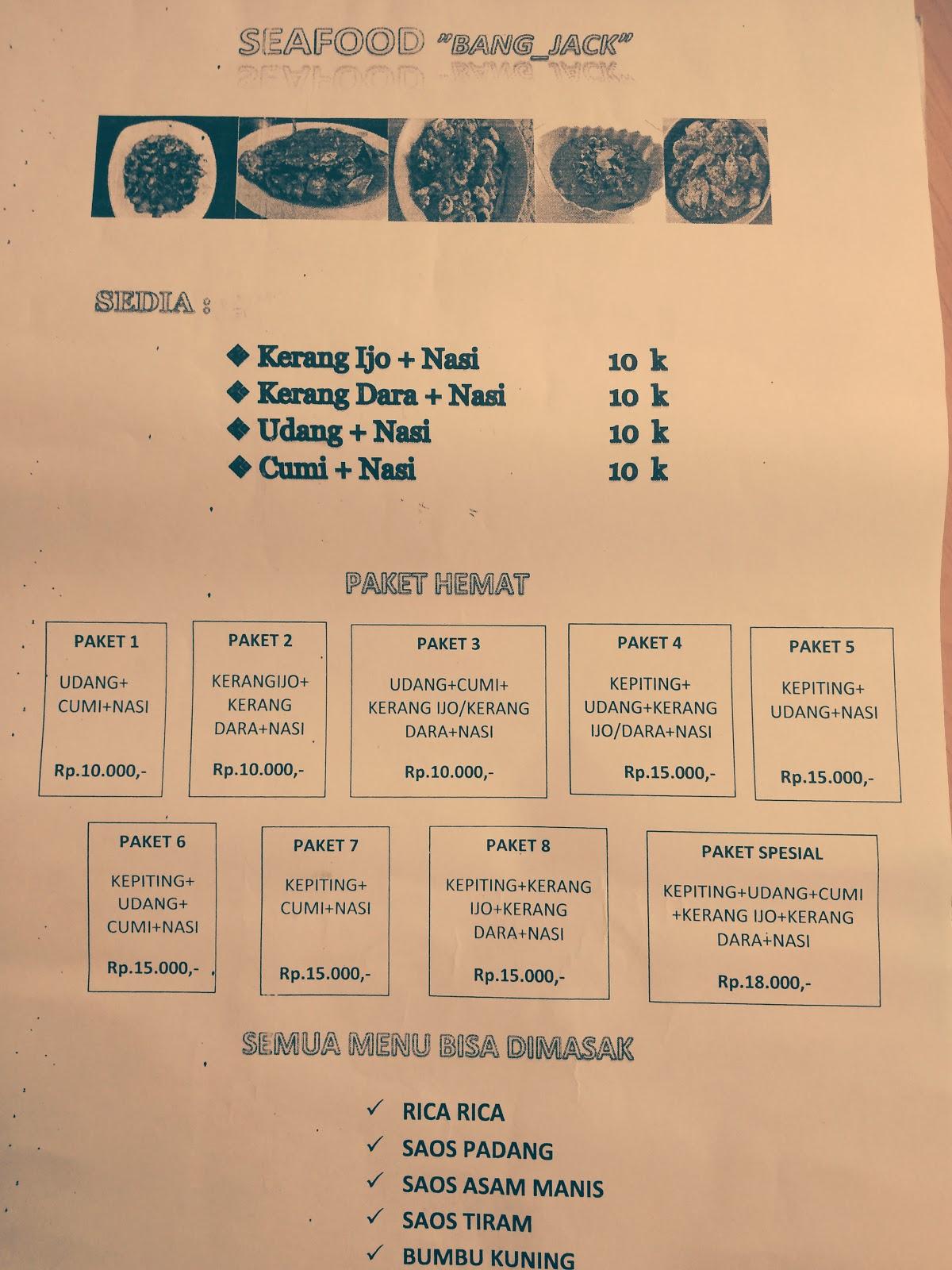 Menu at Seafood Bang Jack restaurant, Semarang