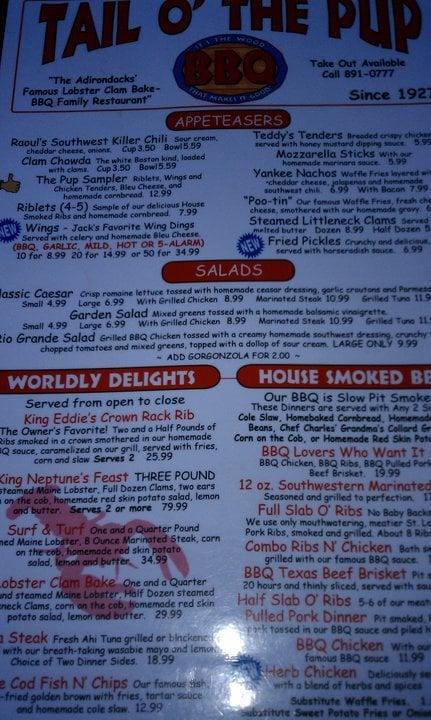 Menu at Tail O' the Pup - Open May til October BBQ, USA
