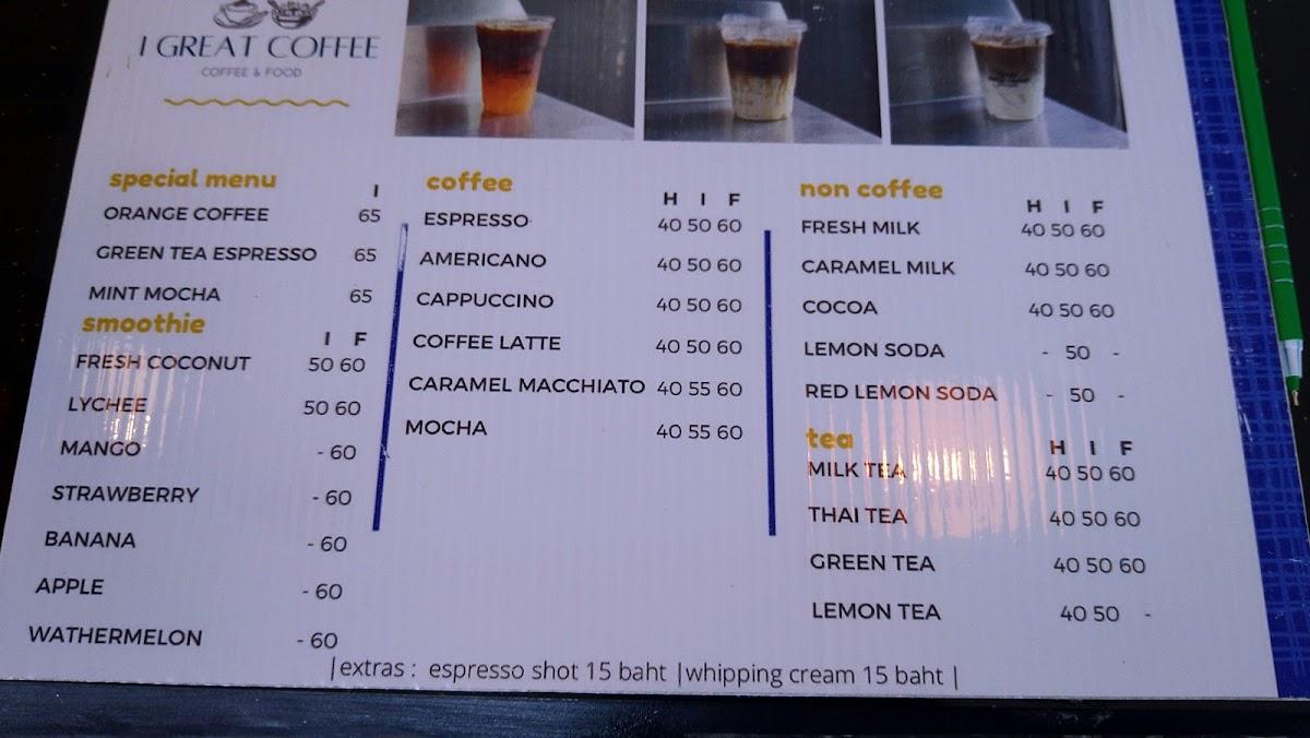 Menu at Great Coffee, Pattaya City