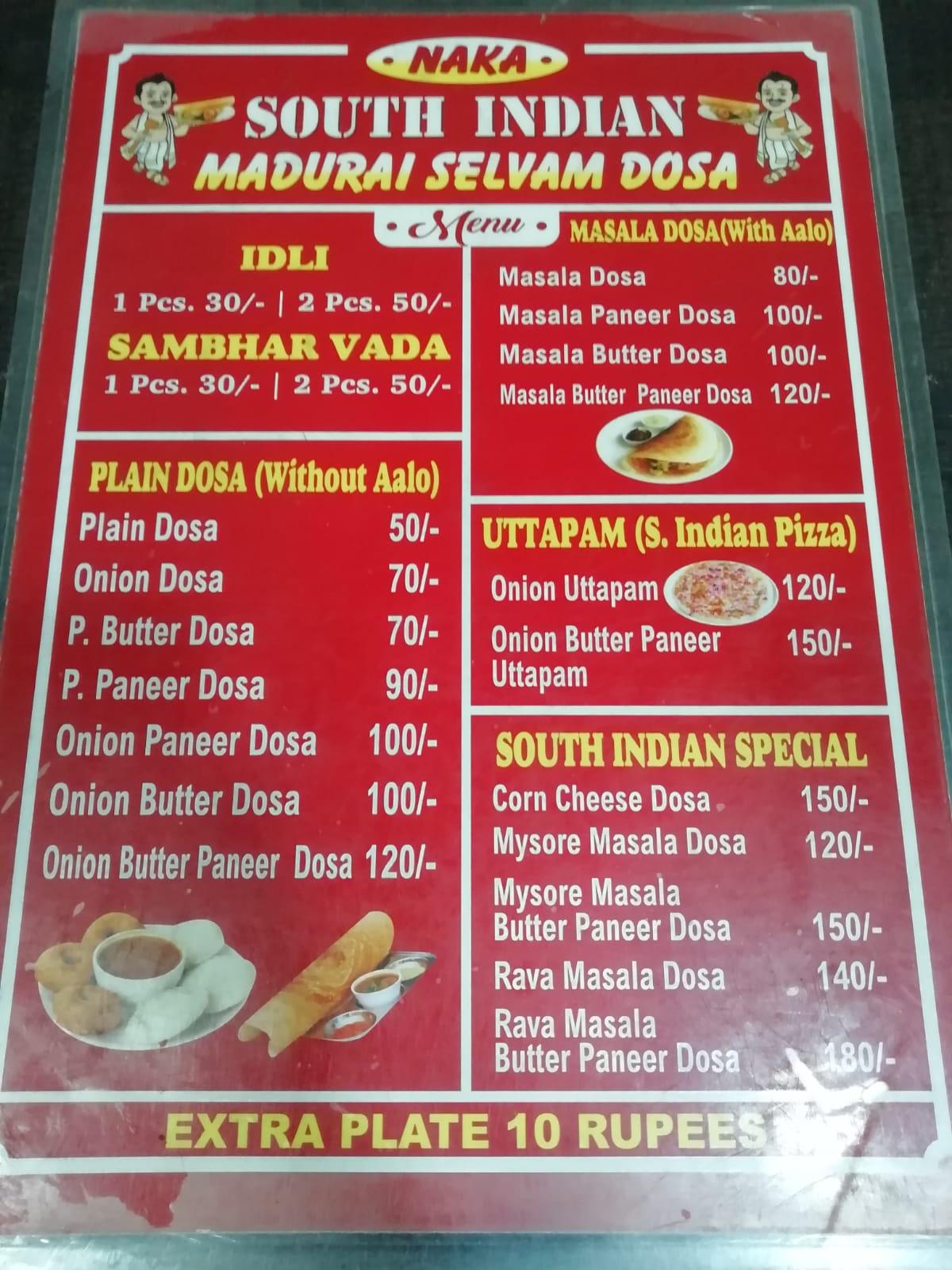 Menu at Madurai selvam Dosa Naaka, Lucknow