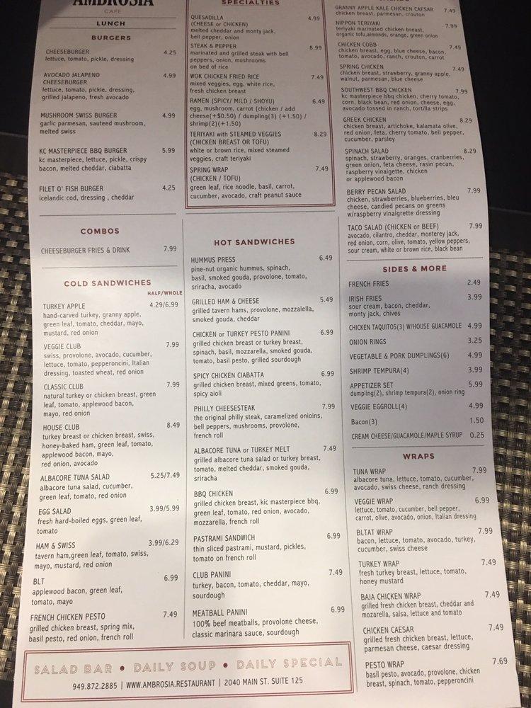 Menu at Ambrosia Cafe, Irvine