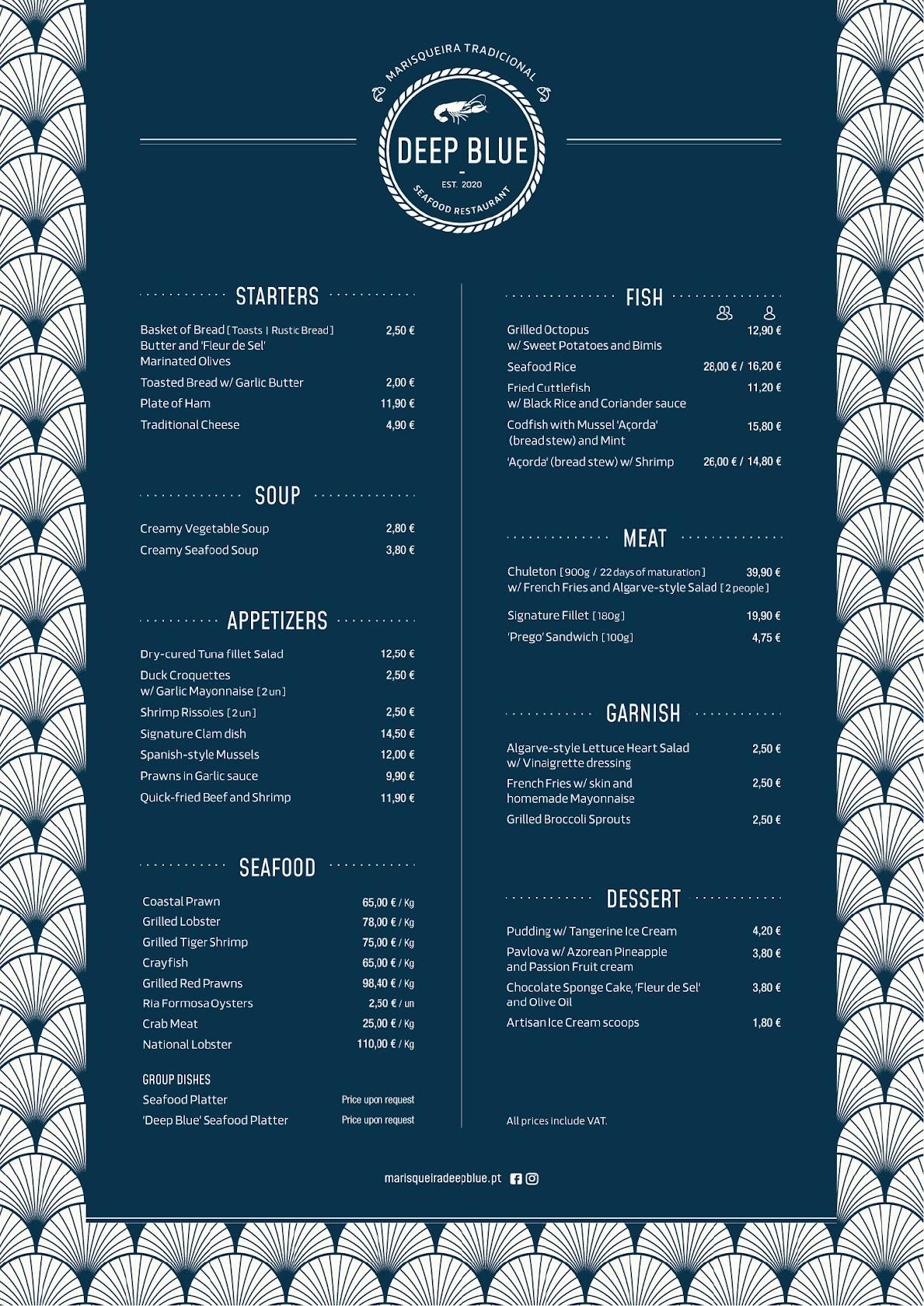 Menu at Marisqueira Deep Blue restaurant, Lisbon