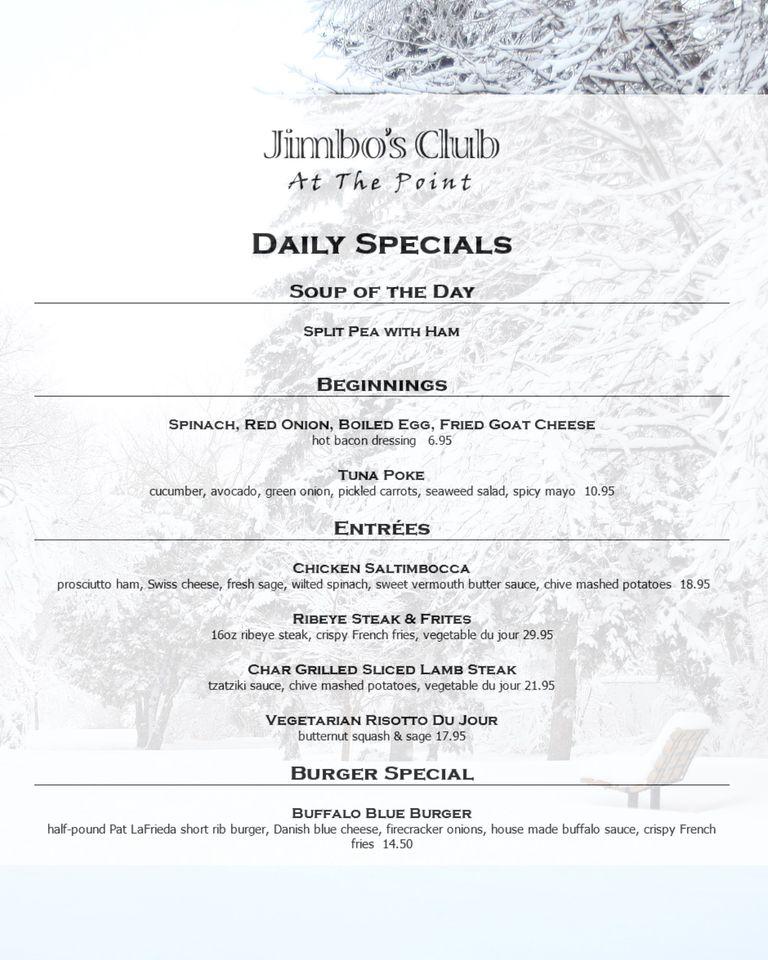 Menu at Jimbo's Club at the Point, Brant Lake