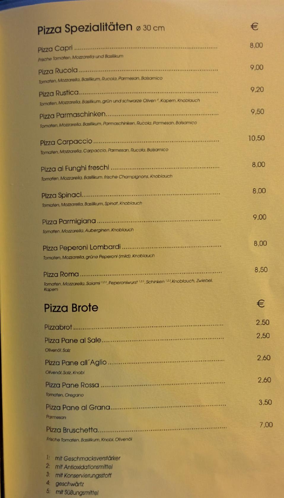 Menu at Pinocchio restaurant, Alsbach-Hähnlein
