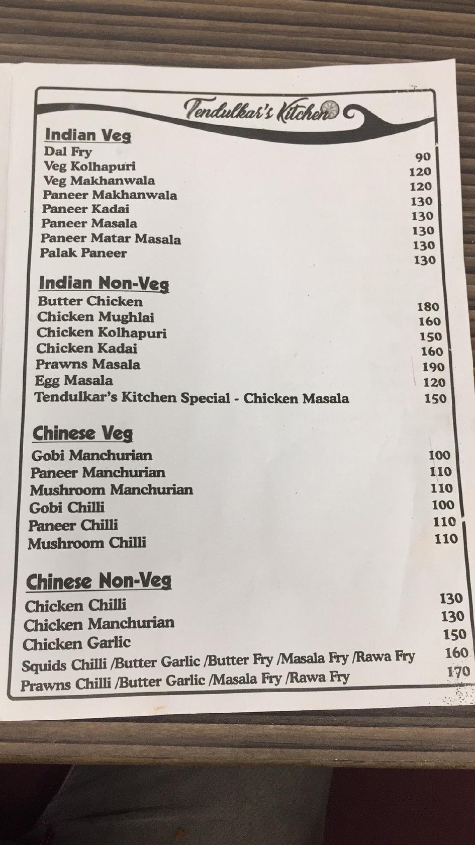 Menu at Tendulkar's Kitchen, Mapusa