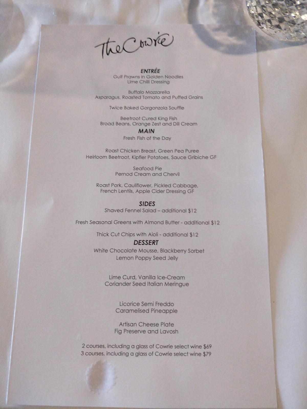 Menu at The Cowrie Restaurant, Terrigal