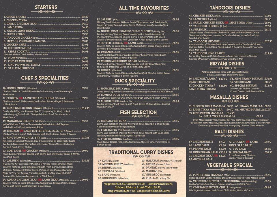 Menu at Thornbury Tandoori restaurant, Thornbury