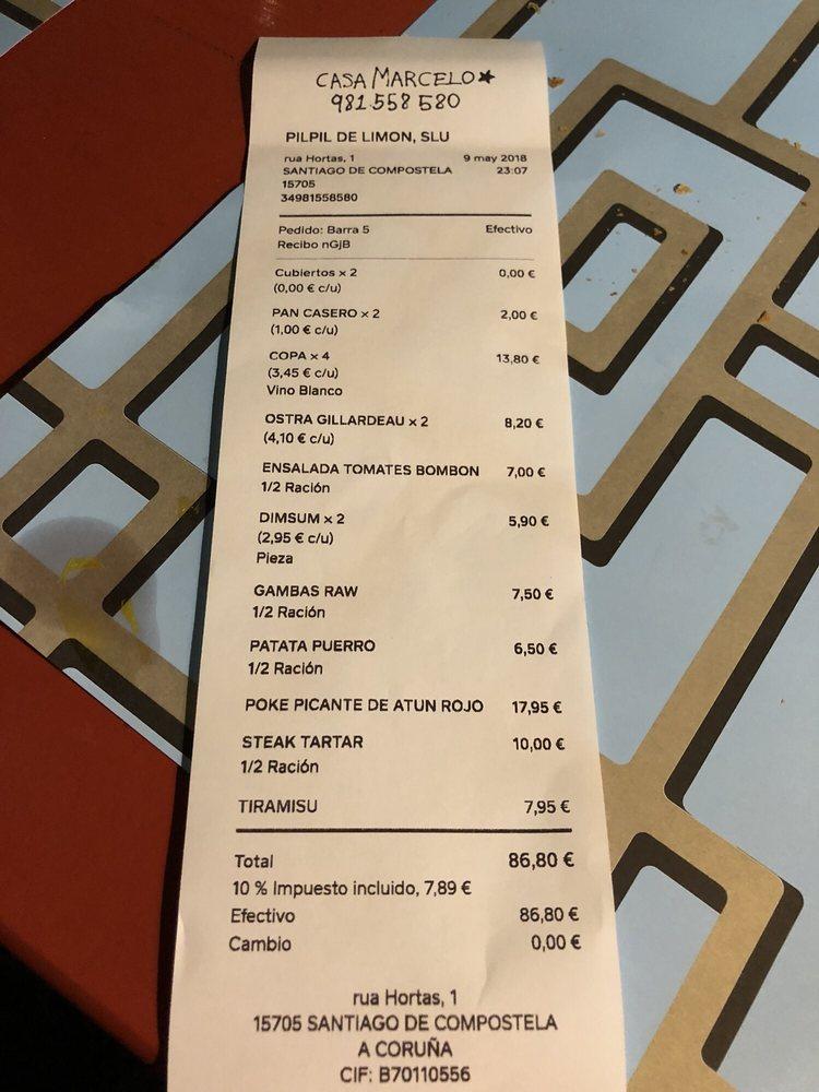 Carta del restaurante Casa Marcelo, Santiago del Compostela
