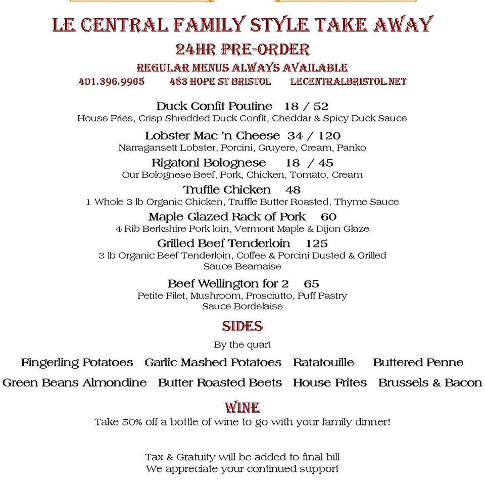 Menu at Le Central pub & bar, Bristol, 483 Hope St