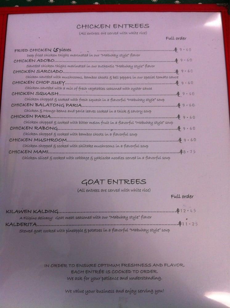 Menu at Mabuhay Cafe & Restaurant, Honolulu
