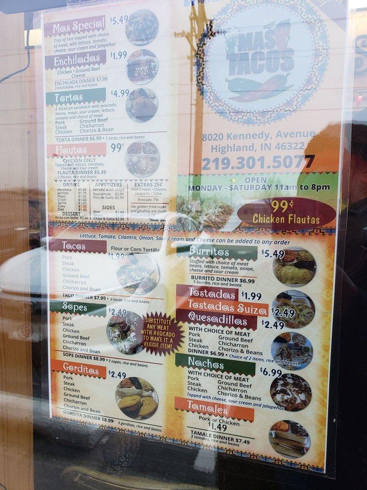 Menu at Mas Tacos restaurant, Highland