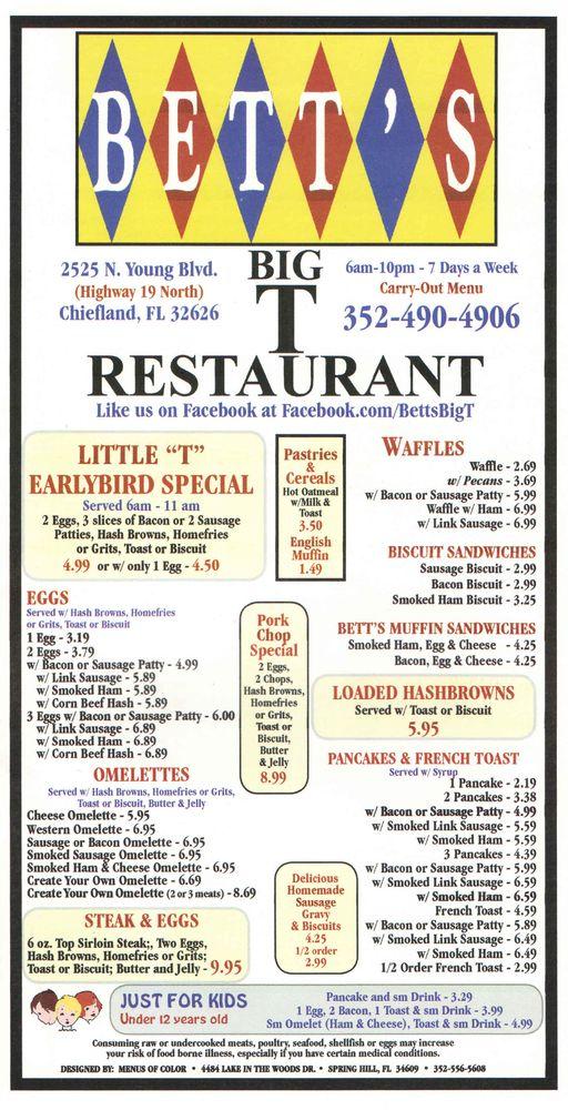 Menu At Bett s Big T Restaurant Chiefland
