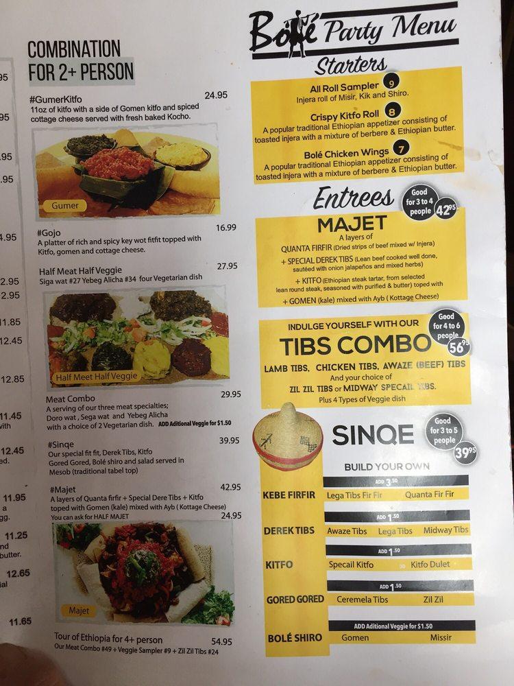 Menu at Bole Ethiopian Cuisine restaurant, Falcon Heights, Pascal St