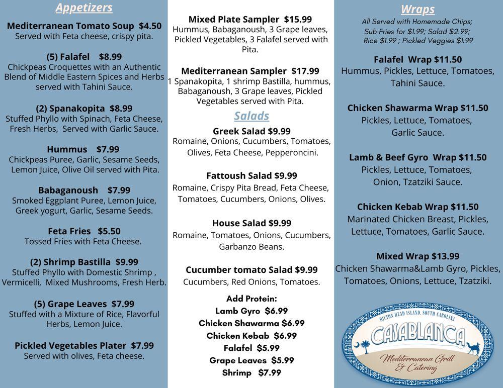 Menu at Casablanca Mediterranean Grill restaurant, Hilton Head Island