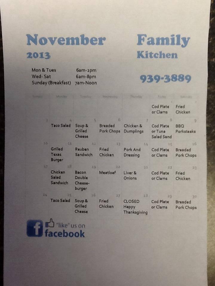 Menu at Family Kitchen restaurant, Waterloo