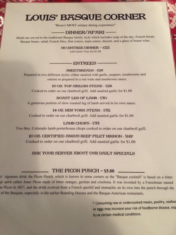 Menu at Louis' Basque Corner restaurant, Reno