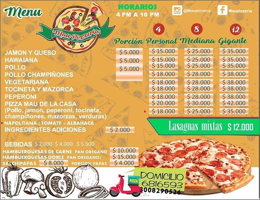 Menu at Pizzeria mau, Cartagena
