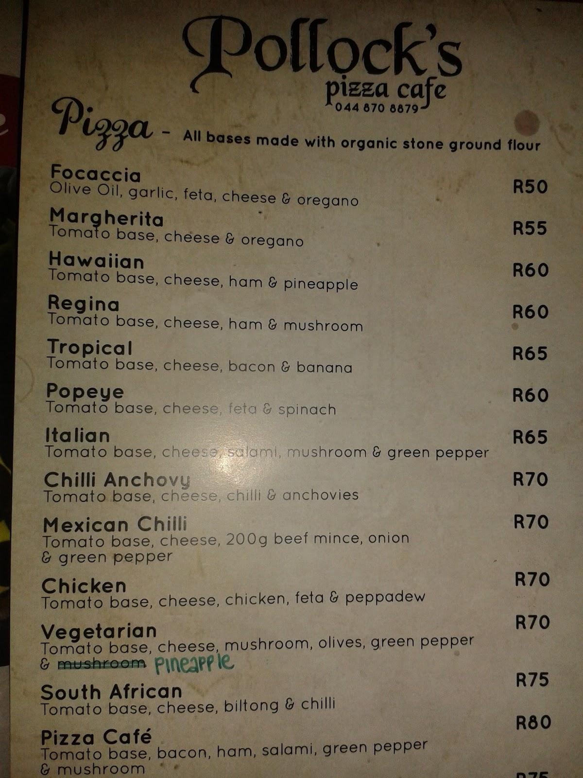 Menu at Pollock's Pizza Cafe, George