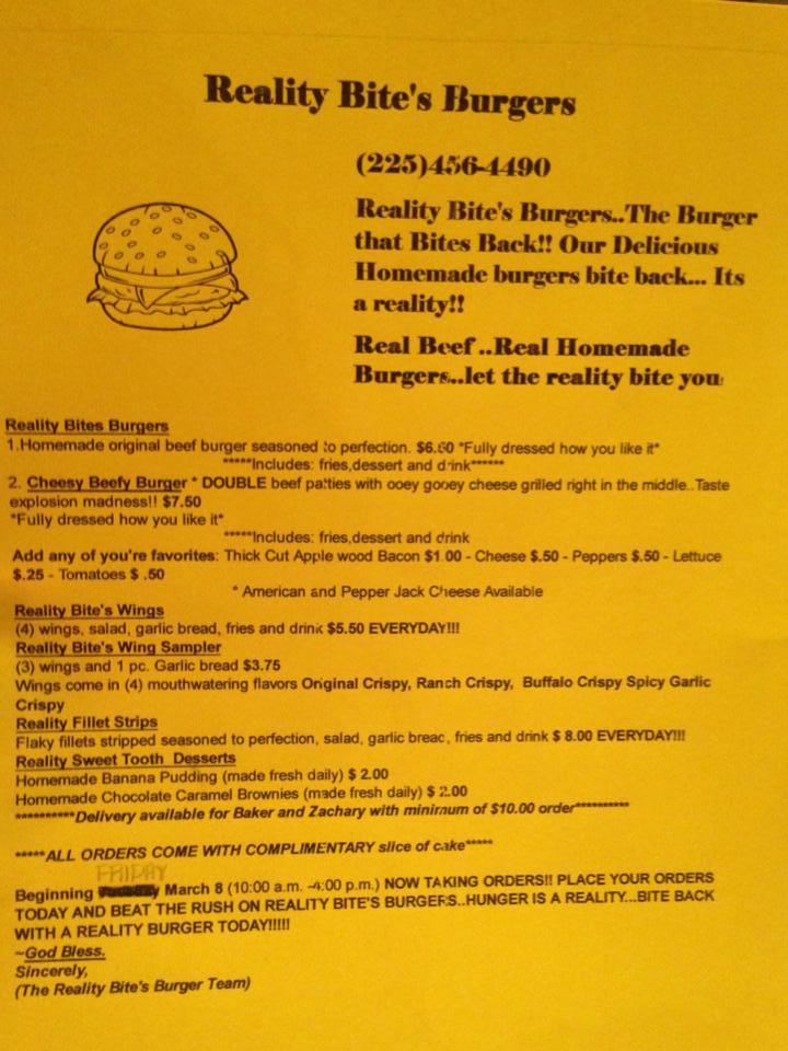 Menu at Reality Bite's Burgers restaurant, Baker