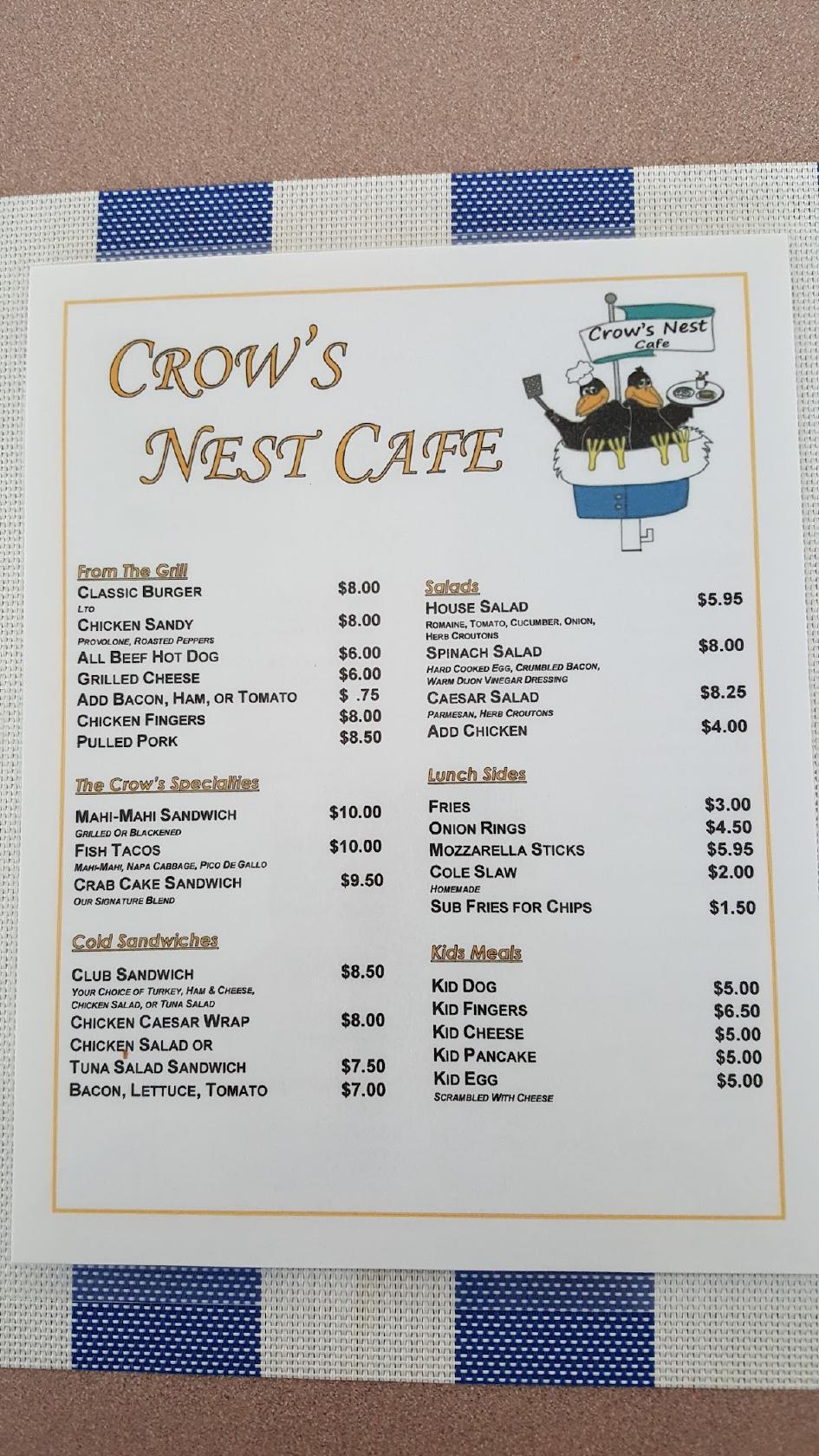 Menu at Crow's Nest Cafe, West Wildwood