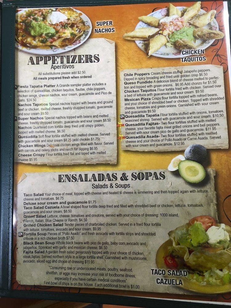 Menu at El Tapatio restaurant, Coquille