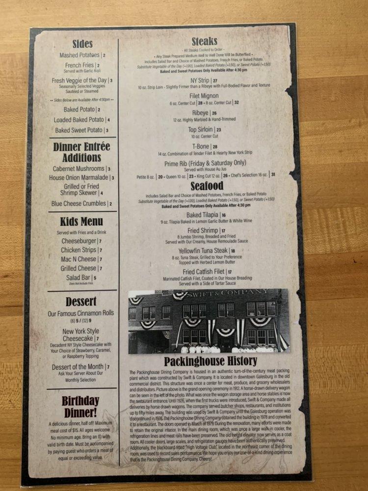 Menu at Packinghouse Dining Restaurant, Galesburg