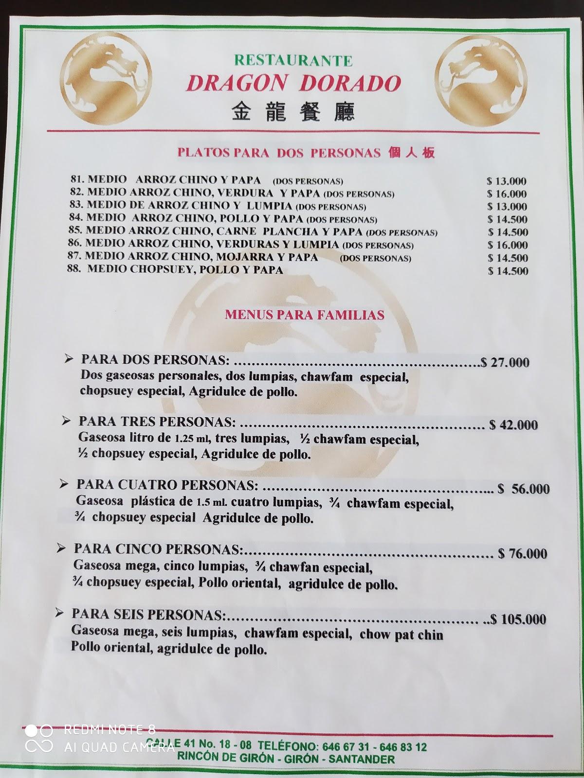 Menu at Restaurante Dragón Dorado, Girón